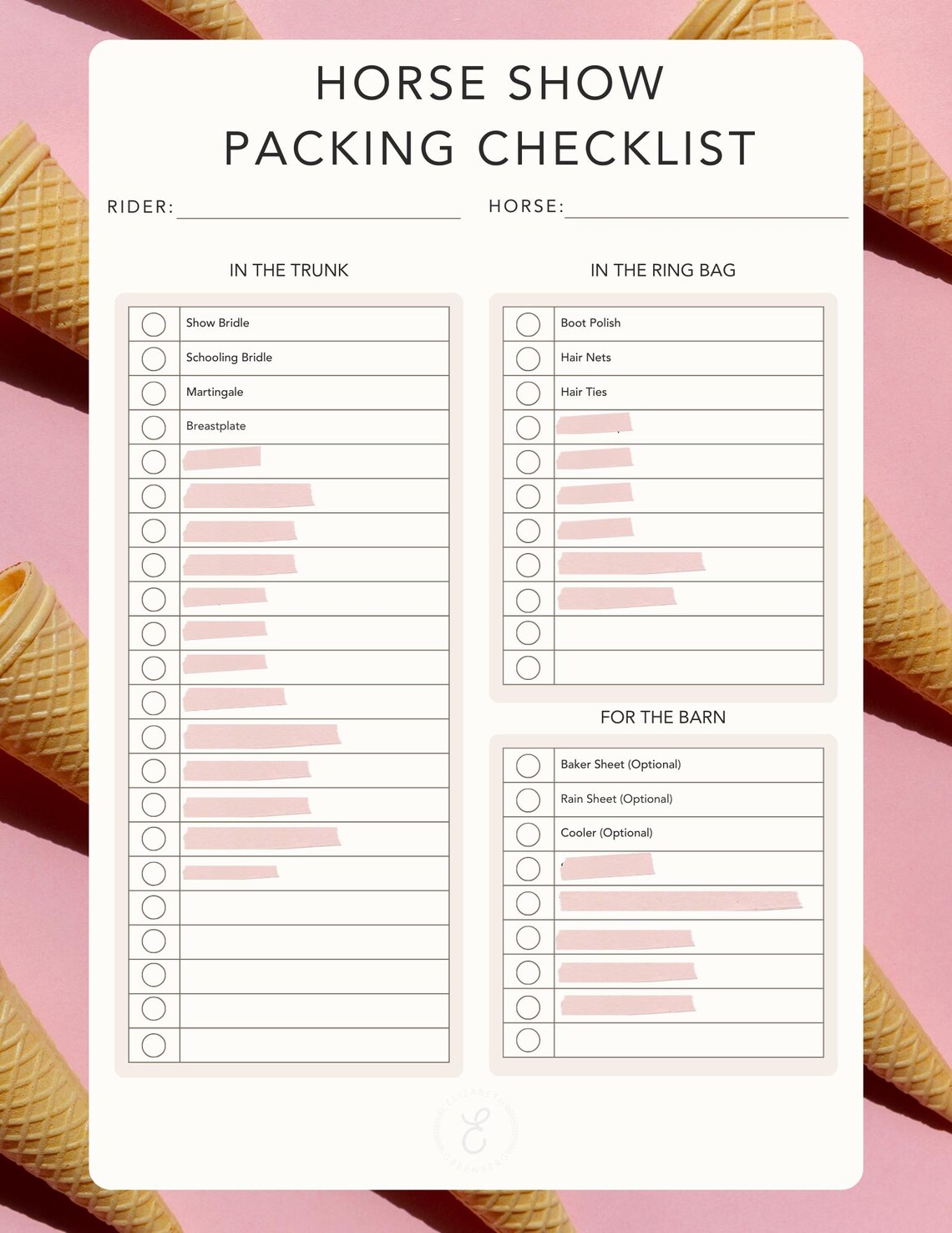 Prefilled Horse Show Packing List for Jumpers - Sweet Treat Theme - Etsy