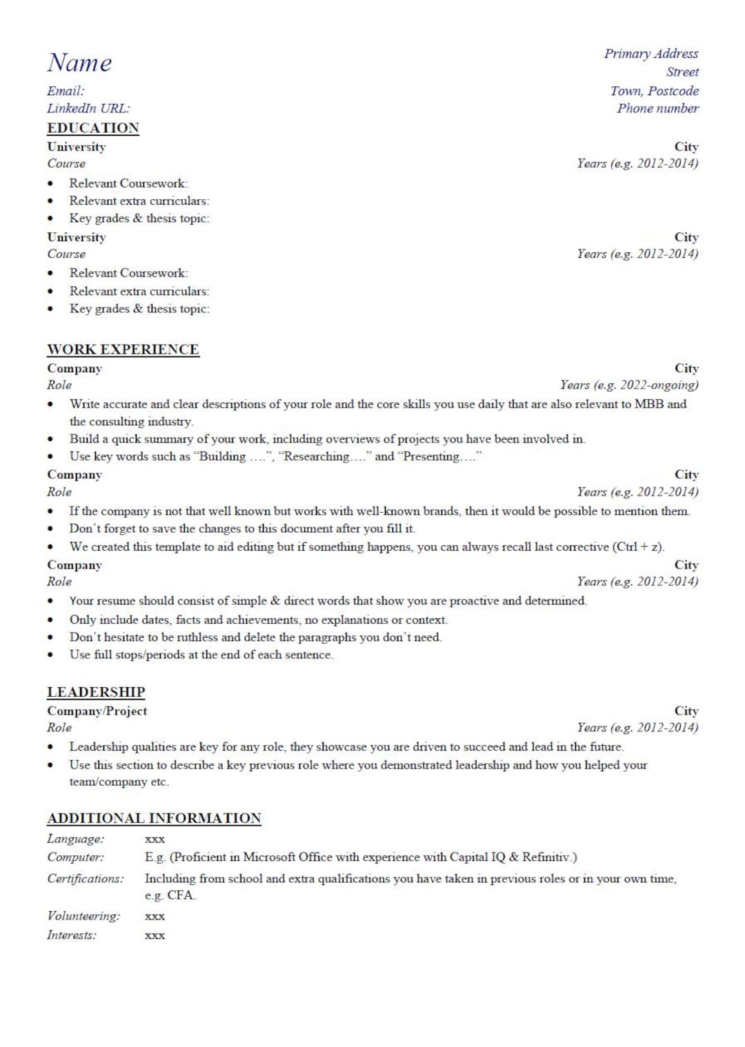 CV Template MBB & Financial Services - Etsy