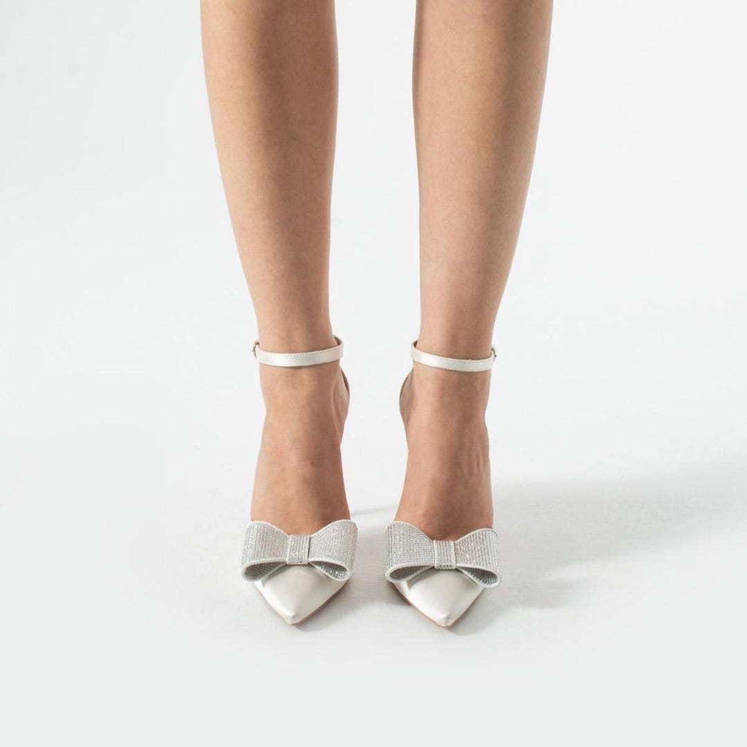 Amour Crystal Bow Bridal Heels – 10 Cm Stiletto With Ankle Strap - Etsy