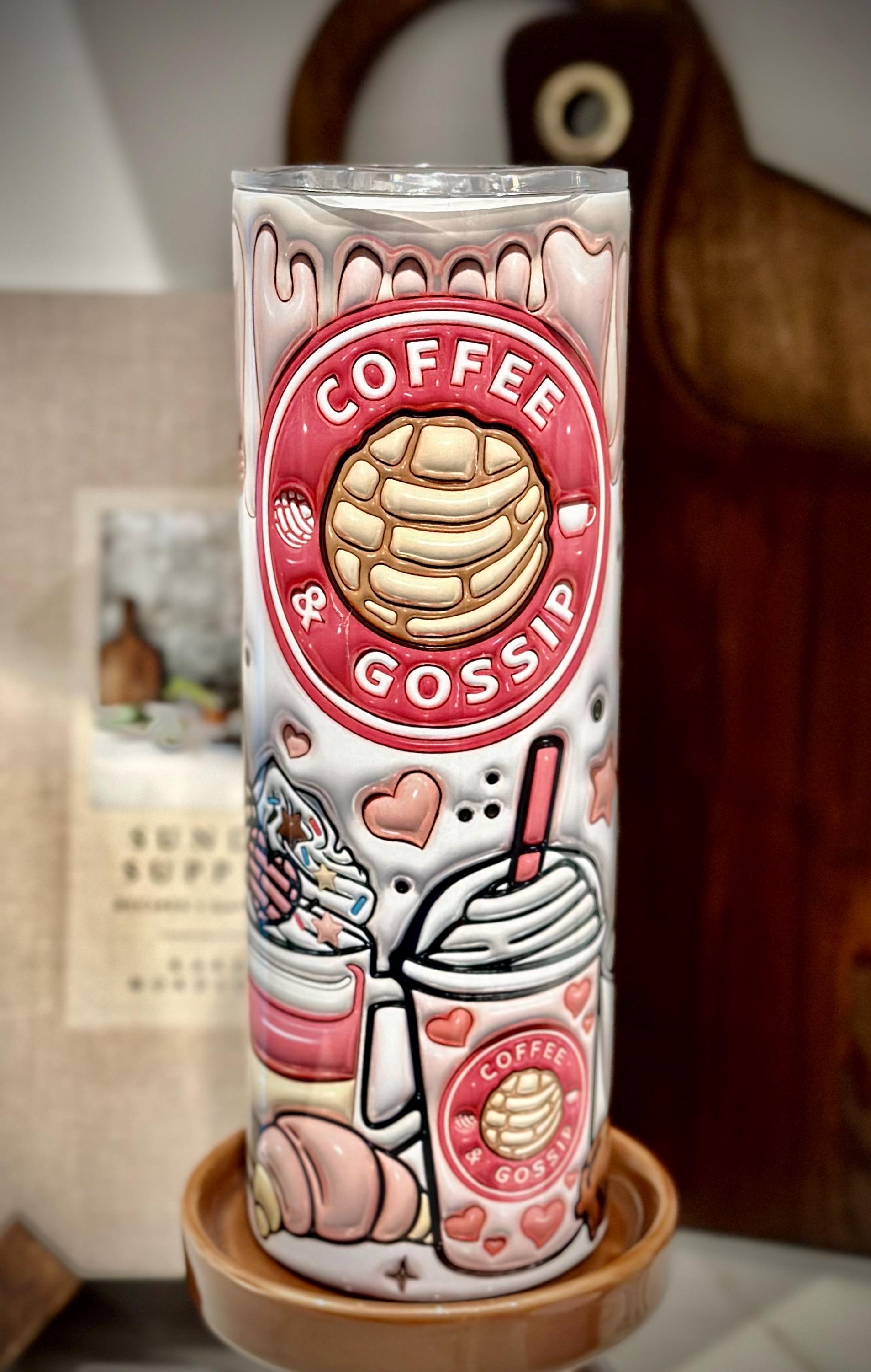 Coffee & Gossip Pink Aesthetic Tumbler | Cute Concha Latte Cup | Pastel ...