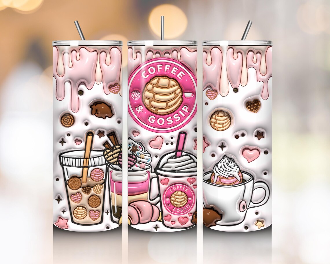 Coffee & Gossip Pink Aesthetic Tumbler | Cute Concha Latte Cup | Pastel ...