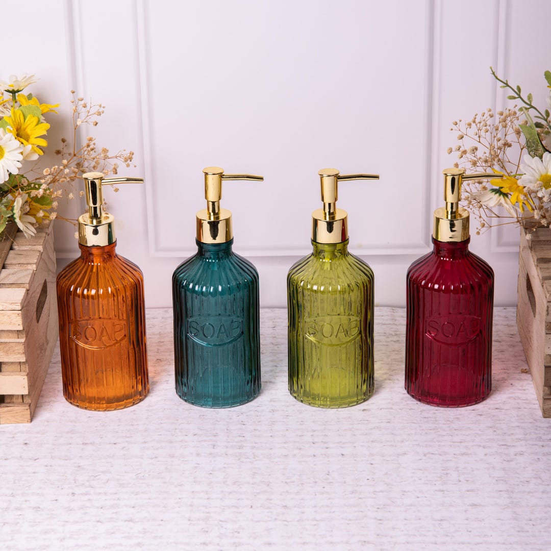 Vintage Soap Dispensers Ribbed Pink Green Orange Blue Glass Refillable ...