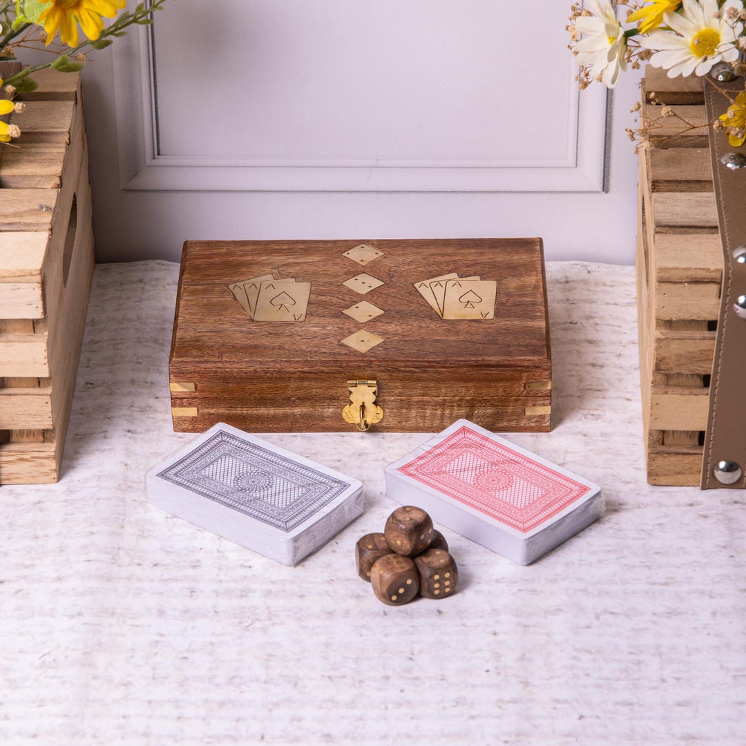 Wooden Playing Card and Dice Games Set With Brass Inlay Rosewood Case ...