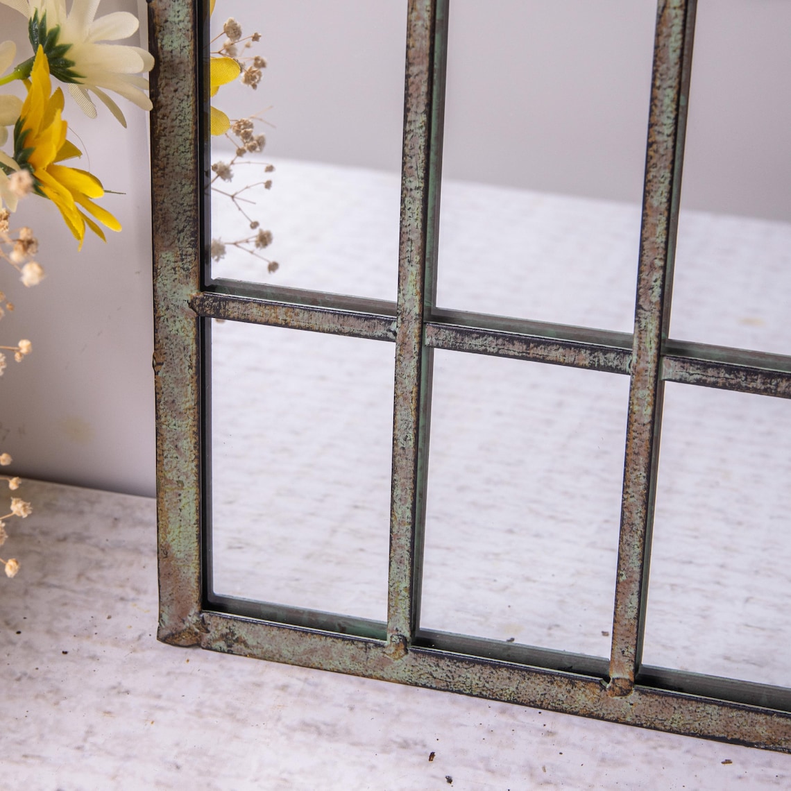 Antique Green Distressed Metal Arched Vintage Window Garden Wall Mirror ...