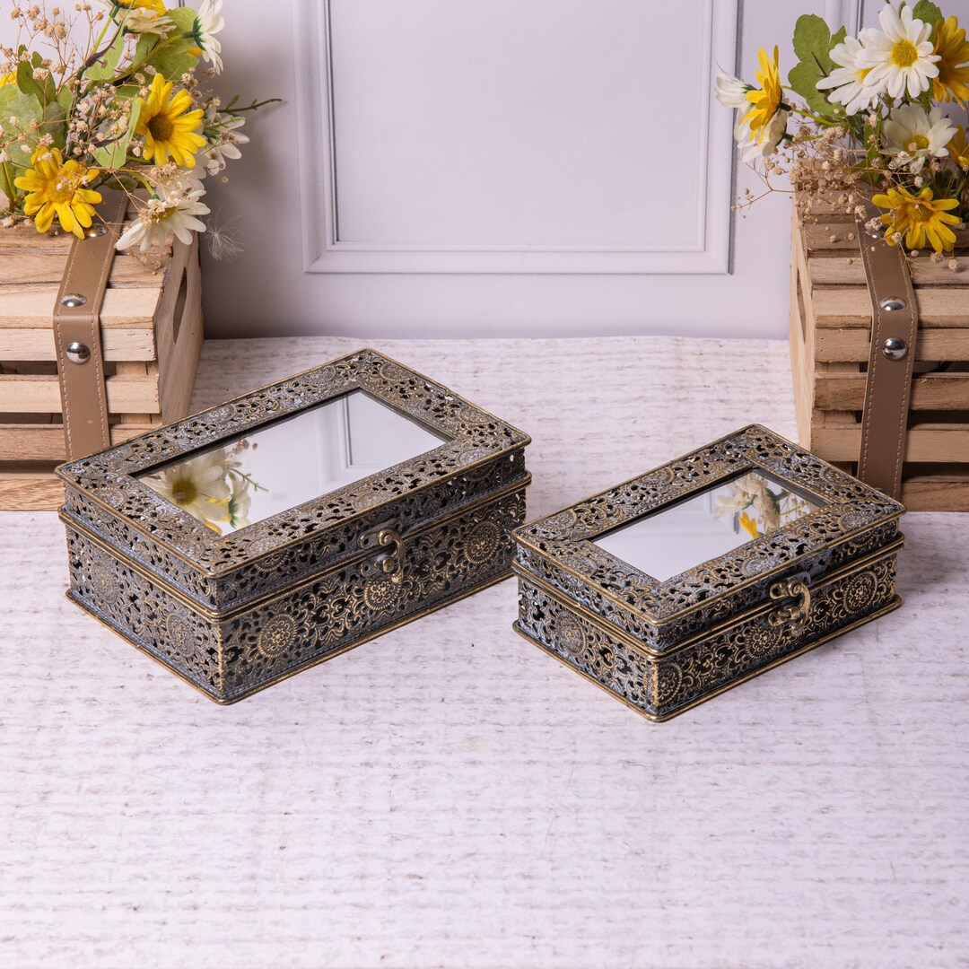 Gold Metal Mirrored Glass Jewellery Box Ornate Antique Distressed Grey ...