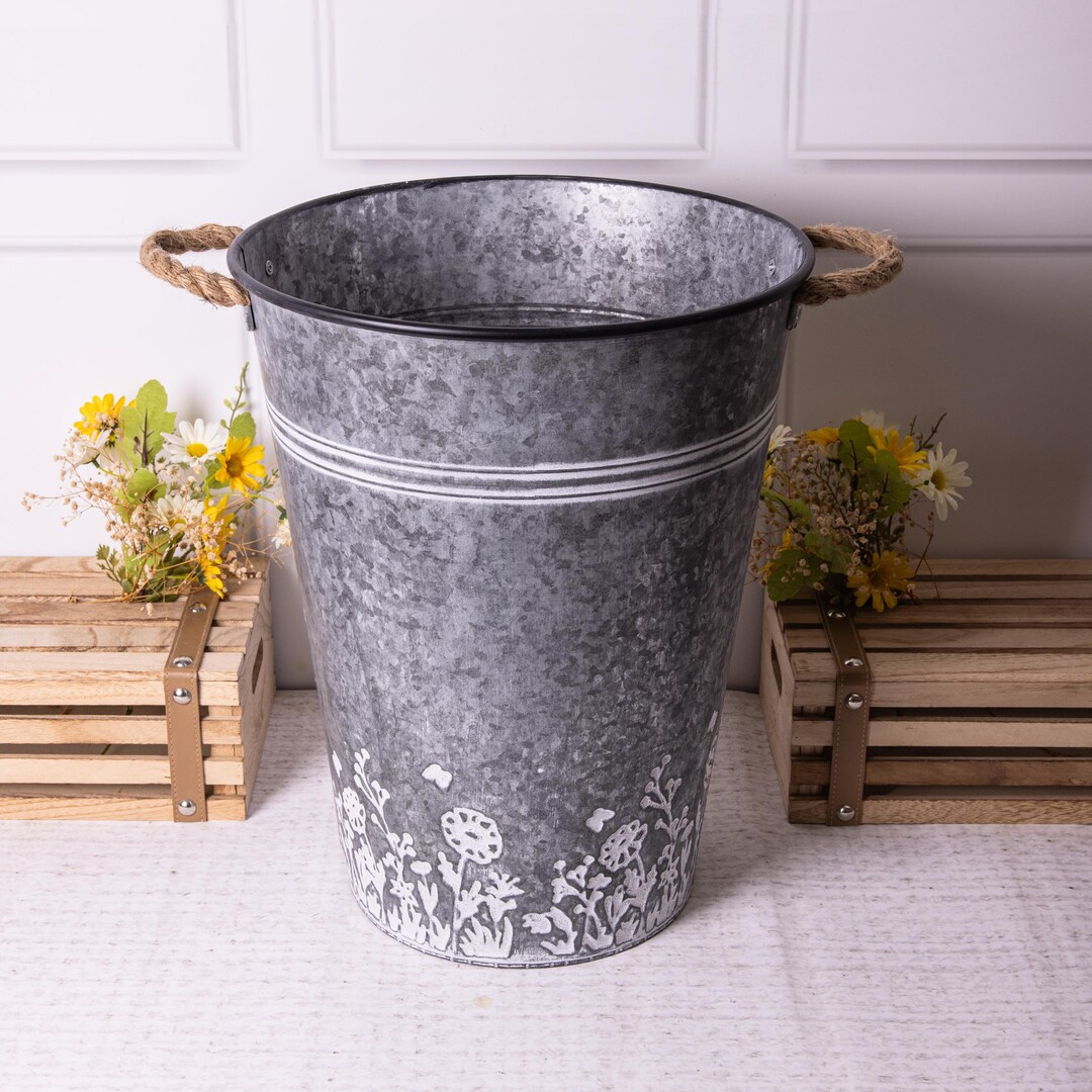 Large Grey Flower Pot Zinc Garden Outdoor Galvanised Planter Rope ...
