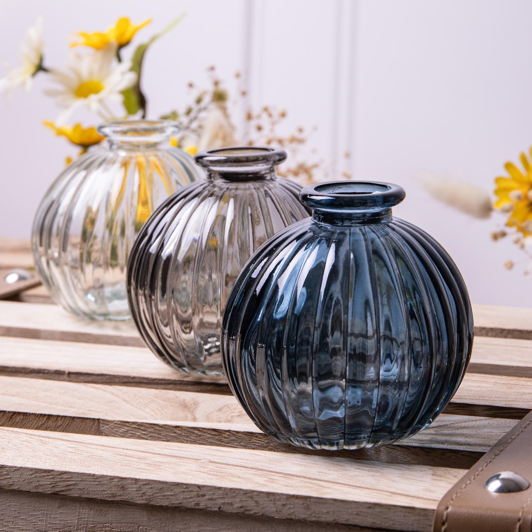 Set 3 Vases Ribbed Blue Grey Glass Vintage Bud Posey Clear Round Small ...