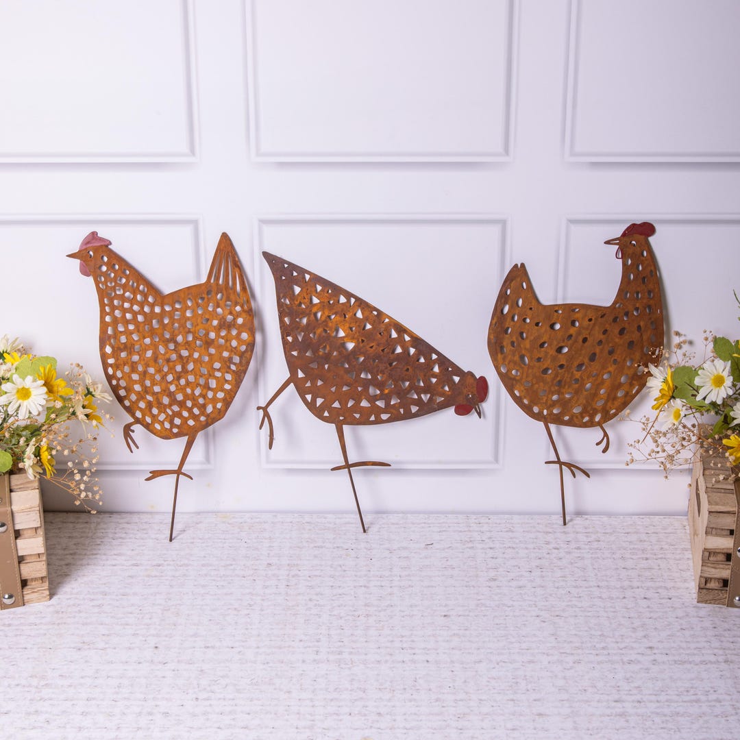 Set of 3 Rusty Hens Chickens Metal Art Garden Stakes Rustic Lawn ...