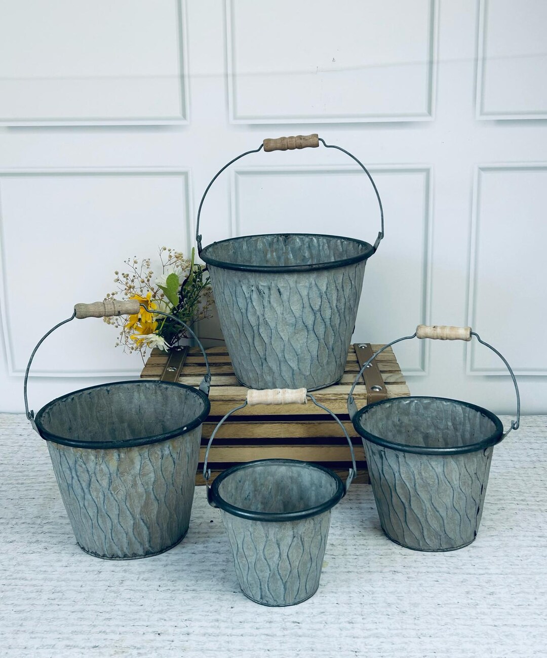 Set 4 Galvanised Metal Bucket Planter Grey Plant Flower Pot Garden Wood ...
