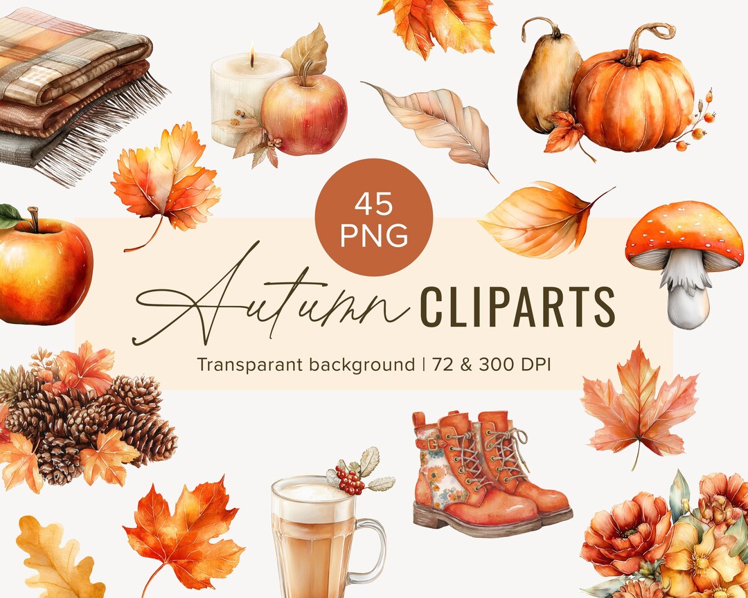 Autumn Clipart Set | 45 Fall PNG Elements | Pumpkins, Leaves, Cozy Mug ...