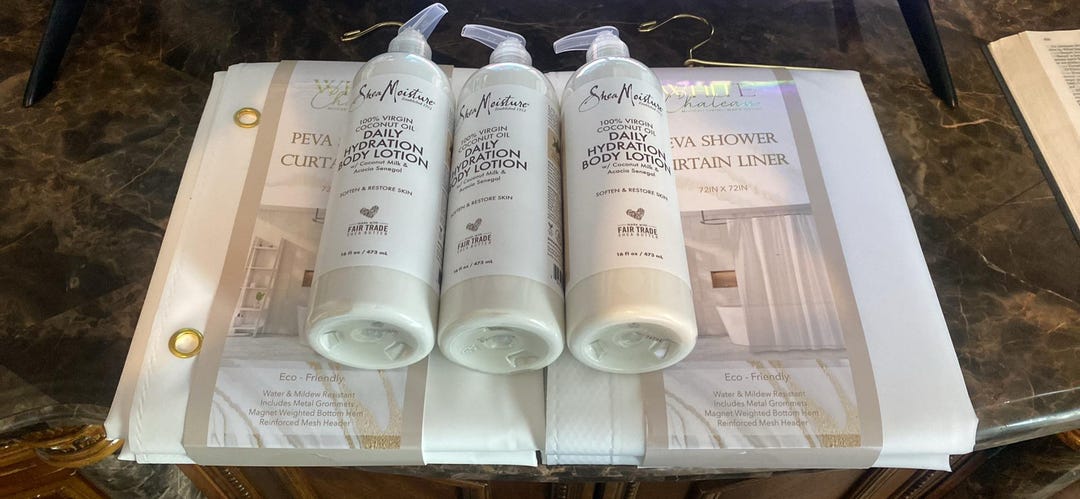 Shea Moisture Body Lotion With Coconut With White Shower Curtains Set ...