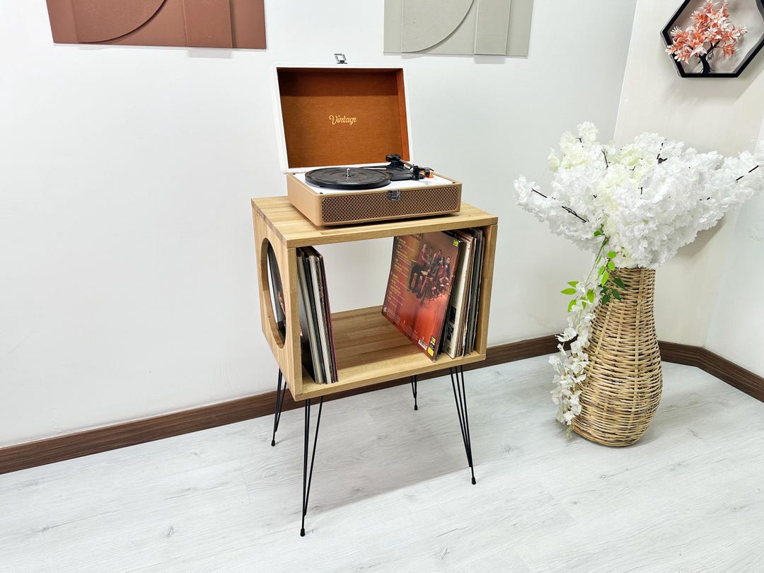 Handmade Record Player Stand With Vinyl Record Storage | Solid Wood Mid ...