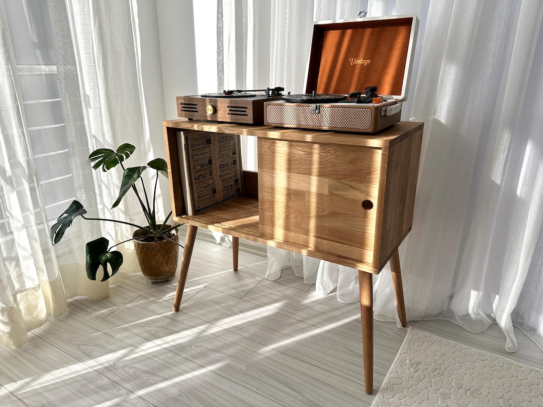 Oak Record Player Stand, Console Table, Vinyl End Table, Vinyl Record ...