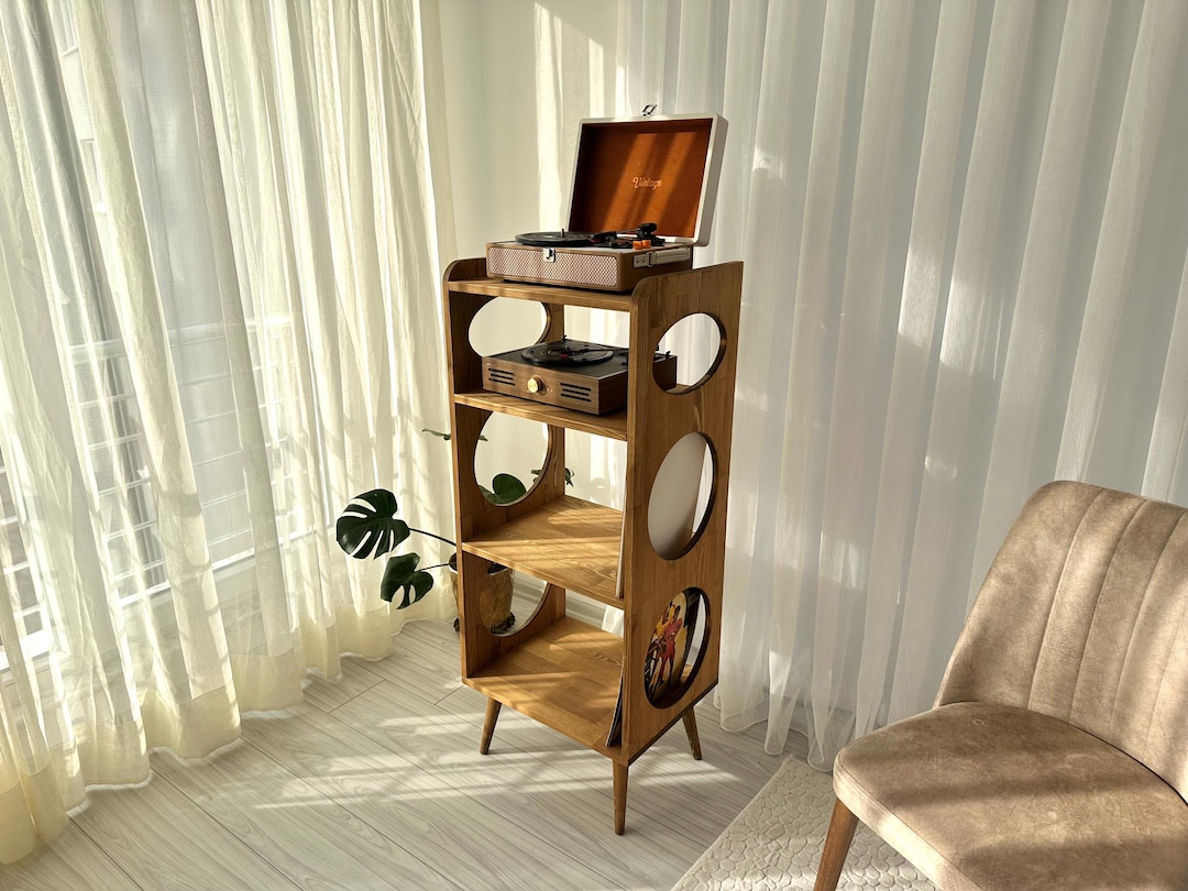 Mid Century Wooden Record Player Stand – Vintage Vinyl Record Storage ...
