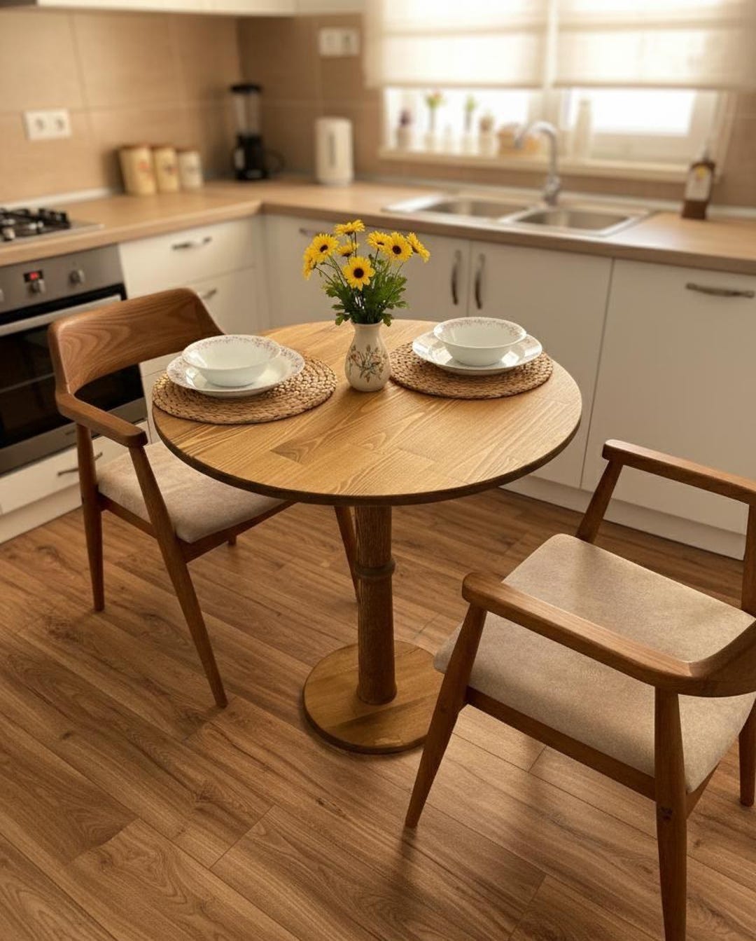 Rustic Round Solid Wood Dining Table for 2 – Handmade Pedestal Kitchen ...