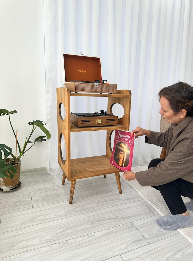 Handmade Wooden Record Player Stand – Mid Century Vinyl Record Storage ...