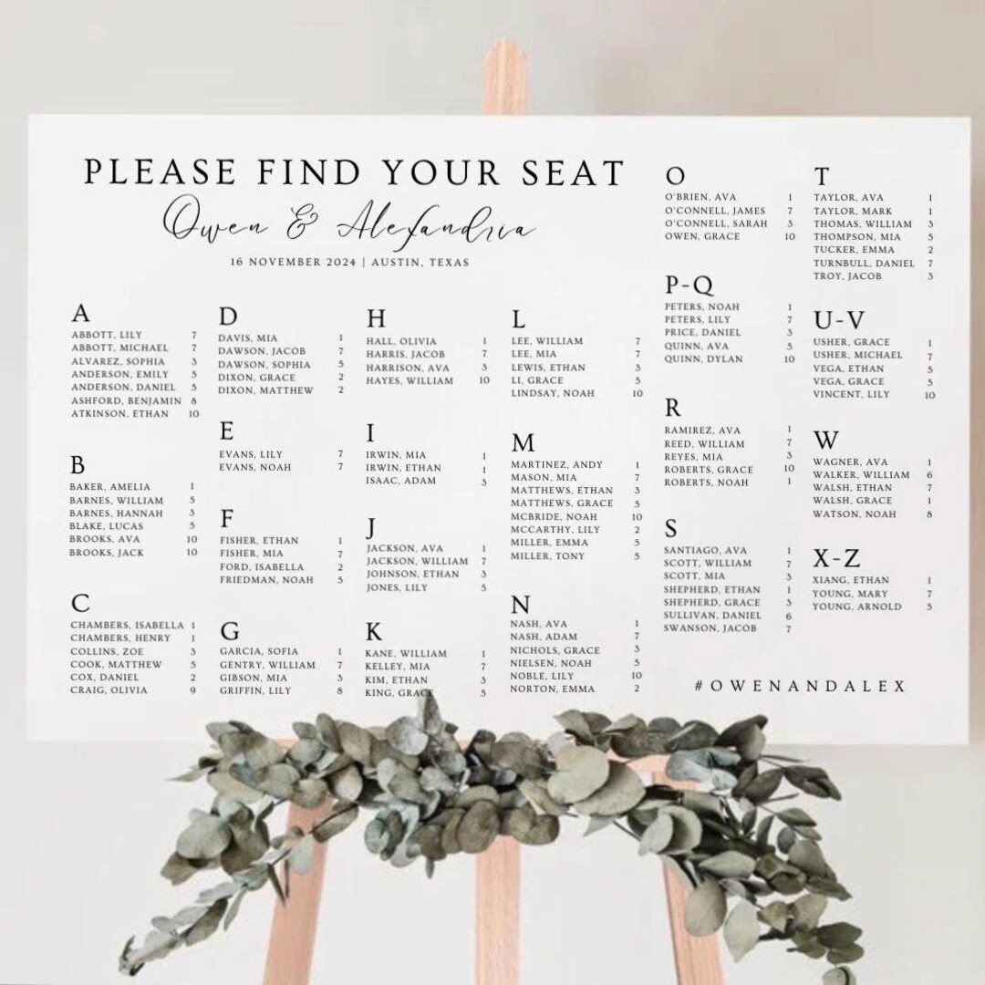 Alphabetical Wedding Seating Chart Template, Download Minimalist ...