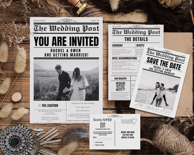 Newspaper Save the Date Wedding Bundle, Newspaper Invitation ...