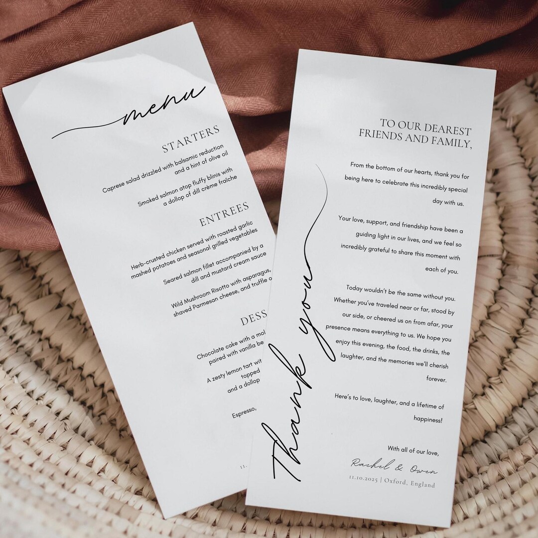 Wedding Menu and Thank You Card, Modern Wedding Menu Card, Table Napkin ...