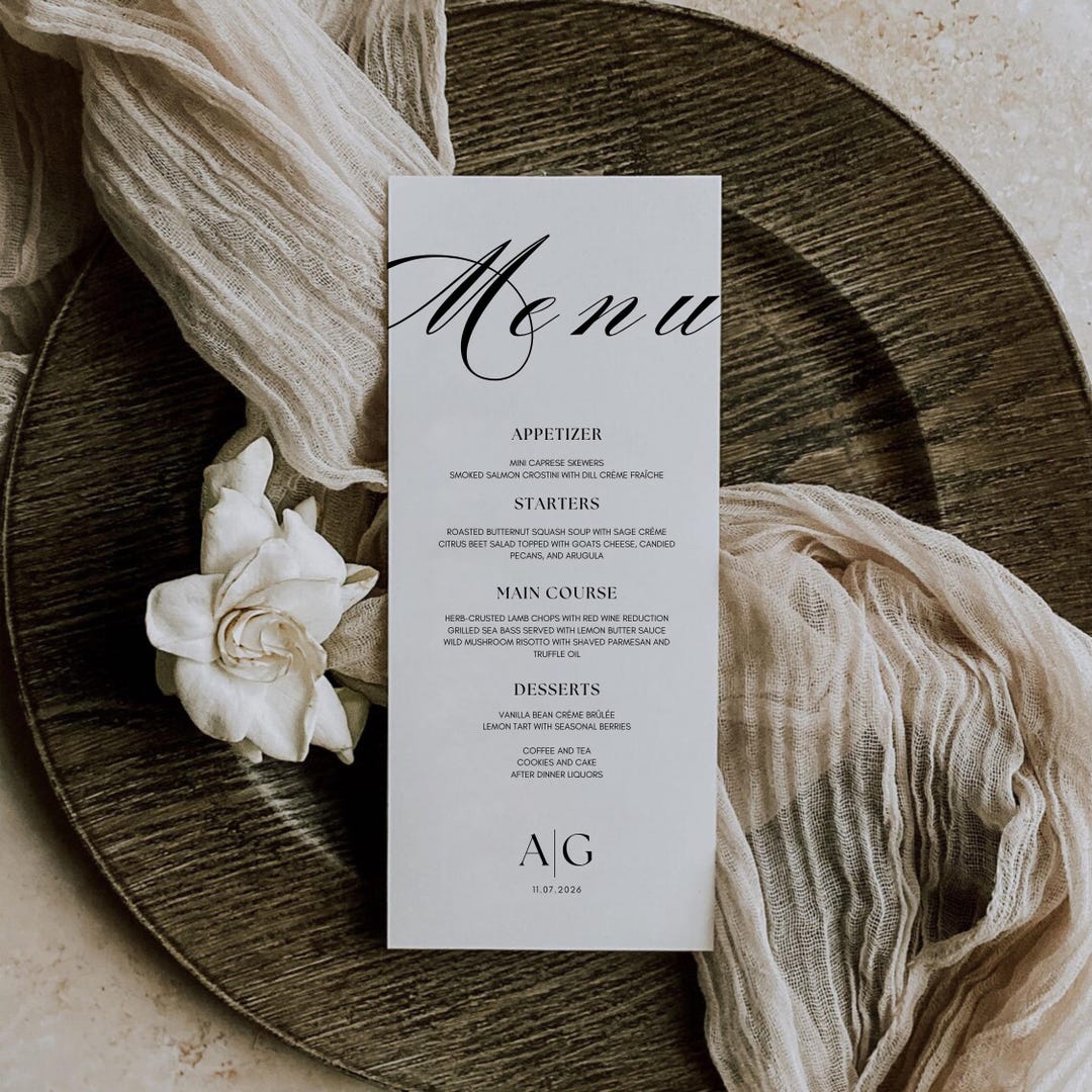 Minimalist Wedding Menu Template, Modern Dinner Menu Downloadable ...