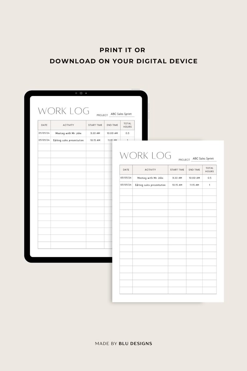 Printable Work Log Template - Time Tracker PDF, Work Time Tracker ...