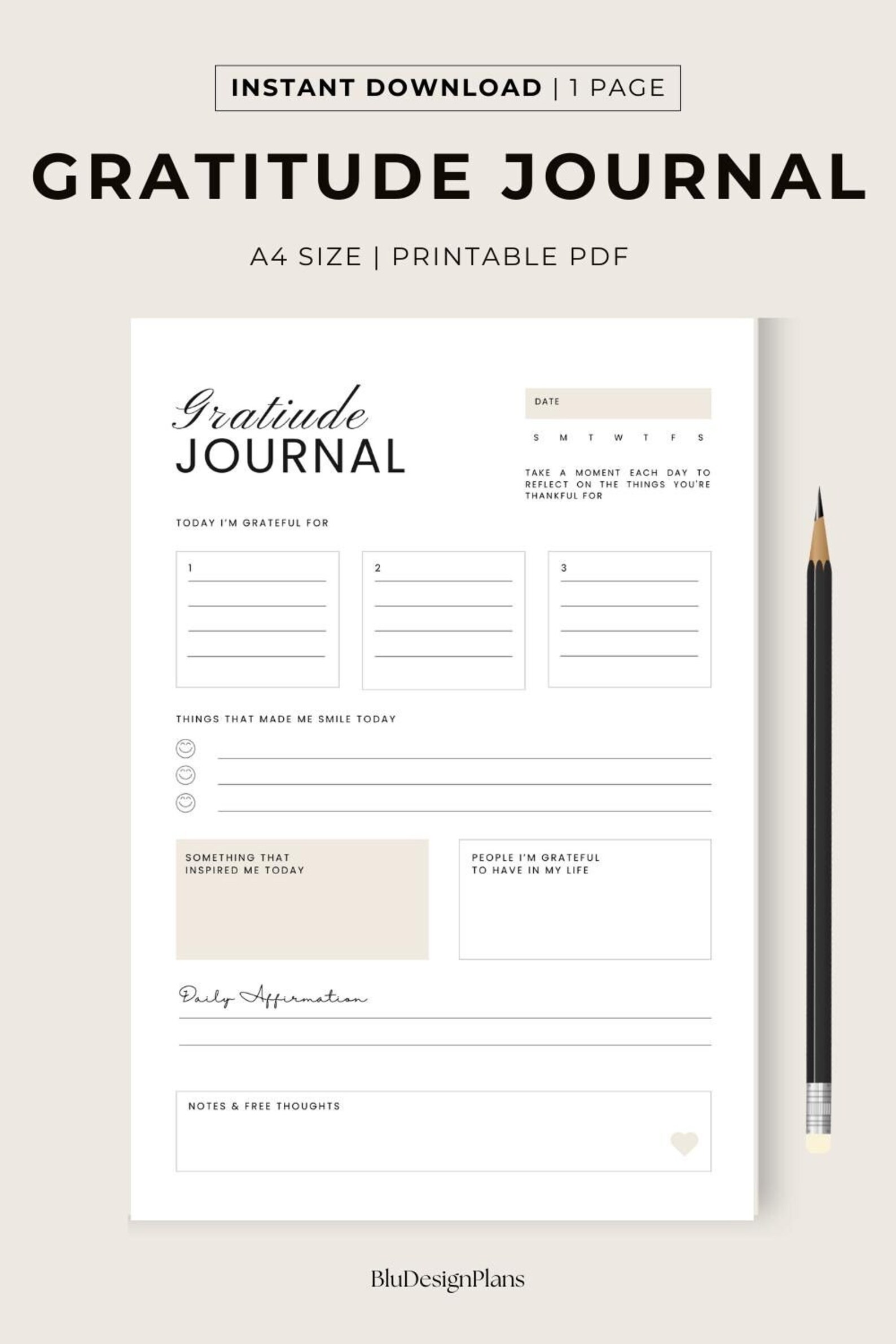 Minimalist Gratitude Journal Printable, Daily Reflection PDF, Self-care ...