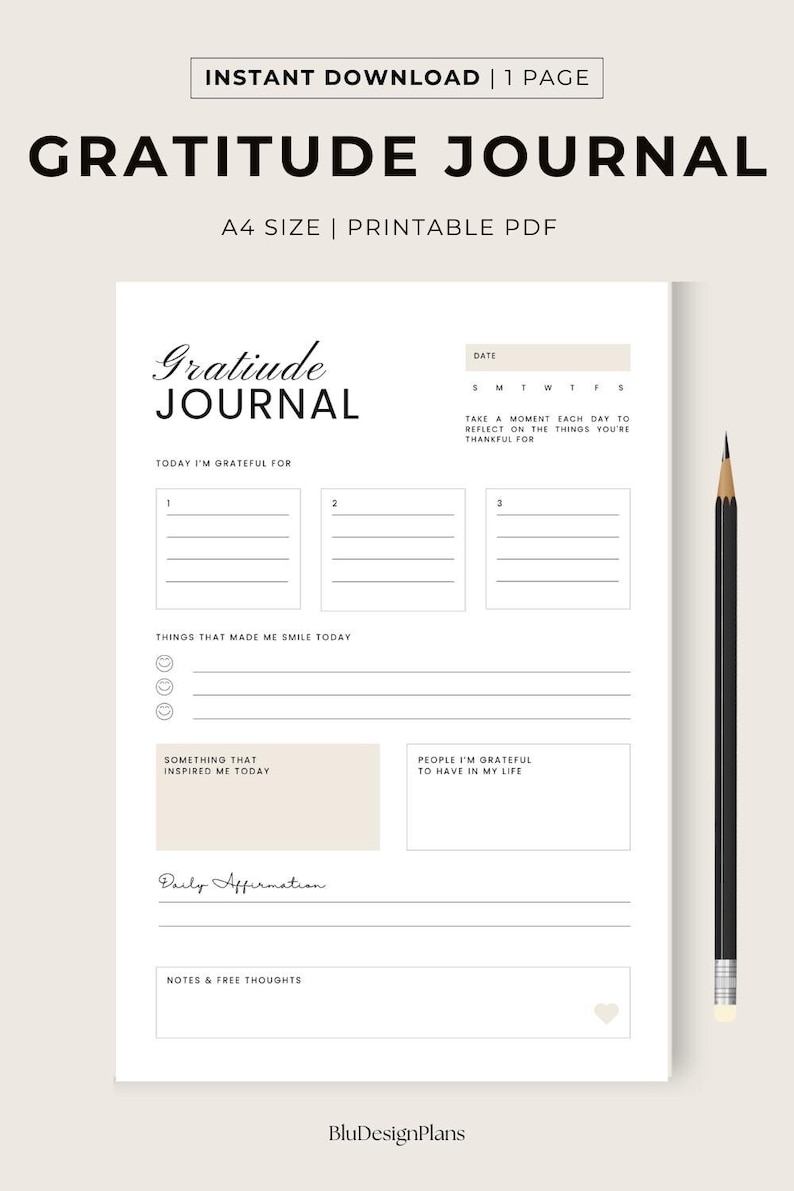 Minimalist Gratitude Journal Printable, Daily Reflection PDF, Self-care ...