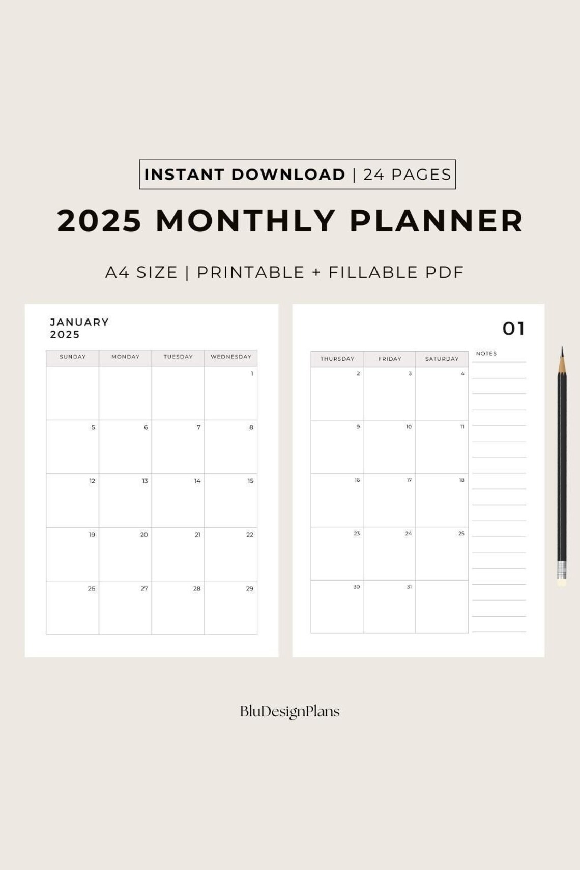 2025 Monthly Planner, 2025 Calendar, 2025 Instant Download Calendar ...