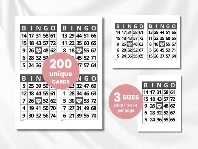 200 Bingo Cards Printable With Numbers PDF Download 1, 2 or 4 Cards per ...