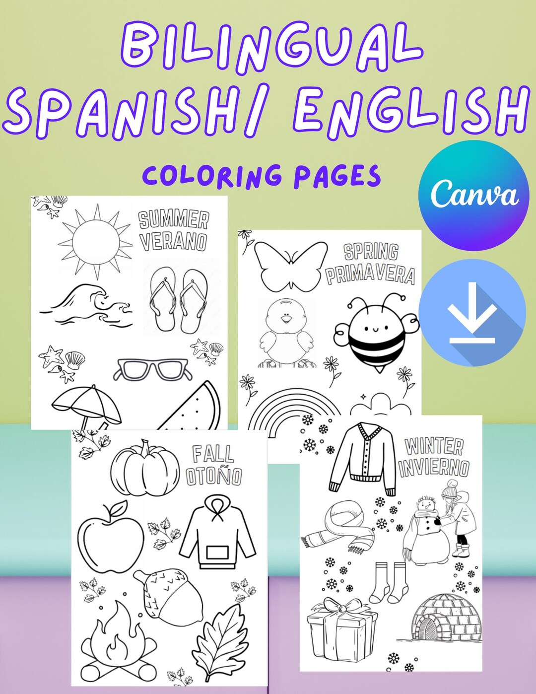 Bilingual Seasons Coloring Pages for Kids - Etsy