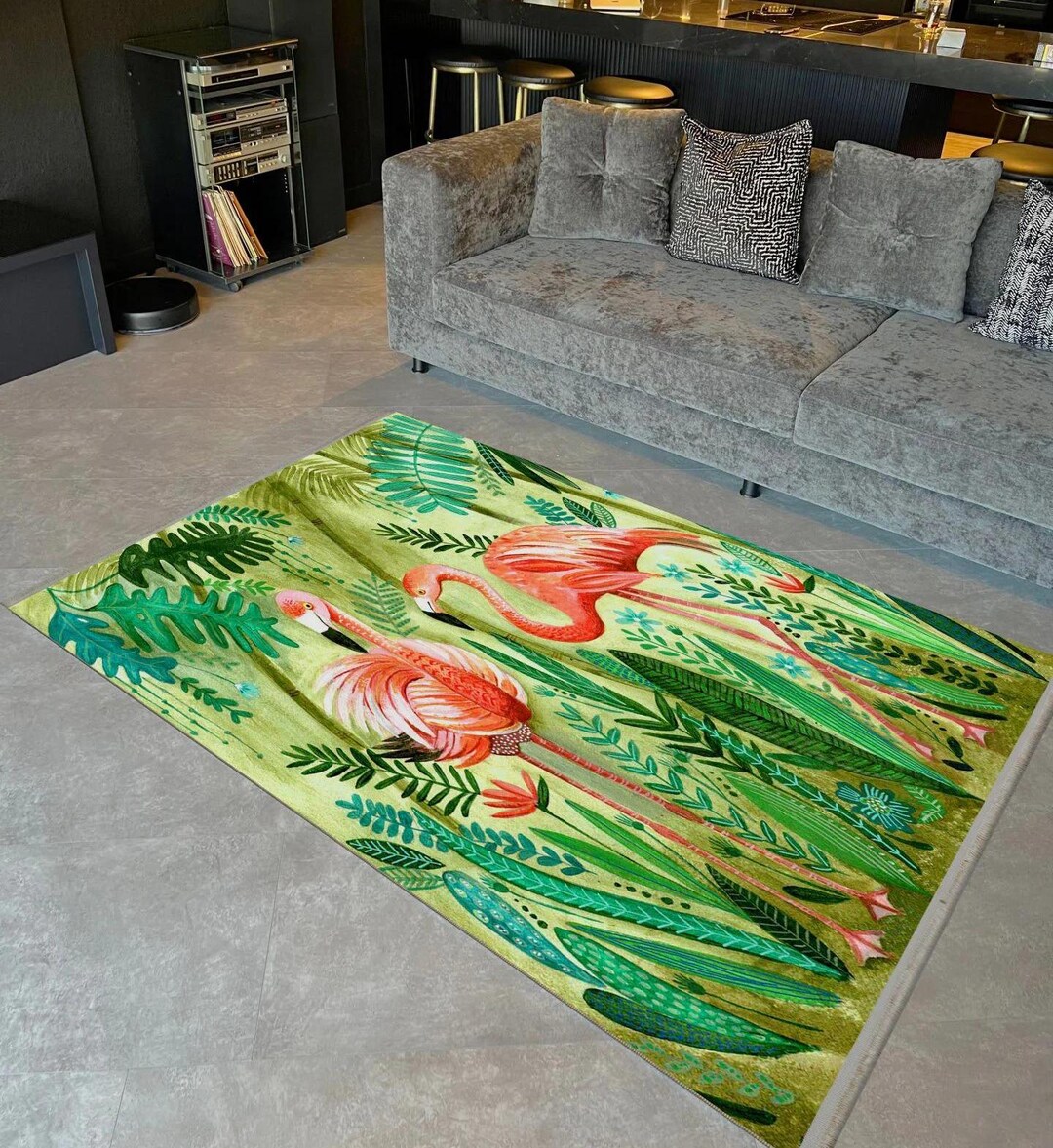 Tropical Flamingo Rug, Jungle Design Boho Area Rug, Vibrant Green ...