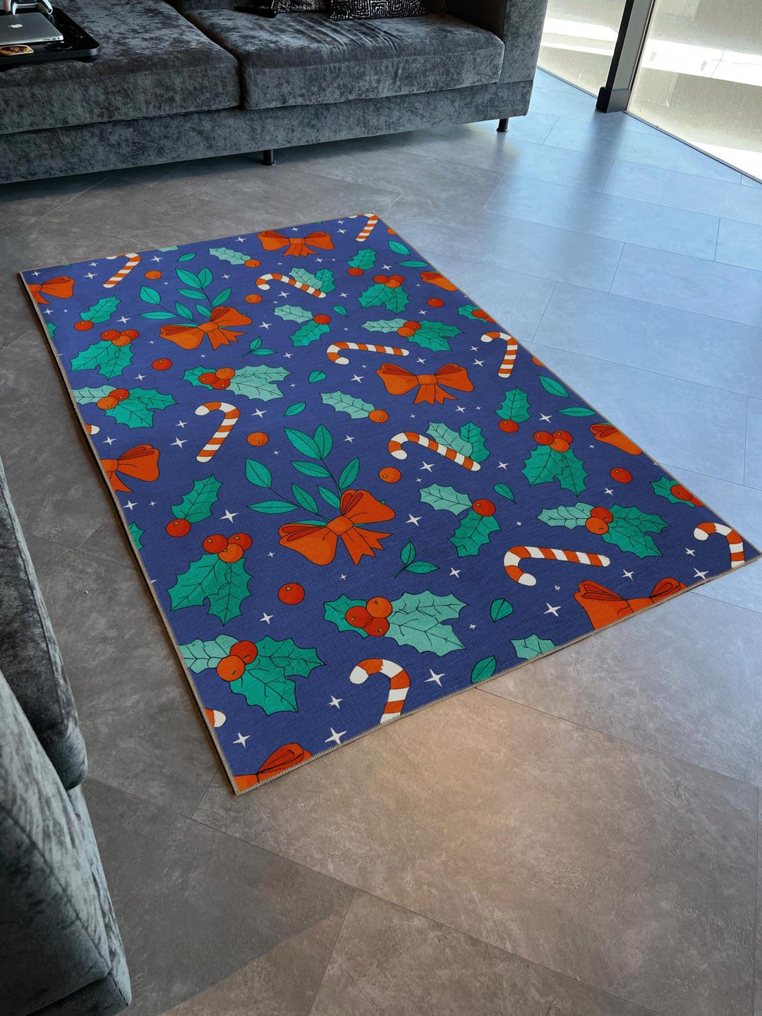 Christmas Candy Cane Rug, Holiday Holly & Bow Area Carpet, Xmas Gift ...