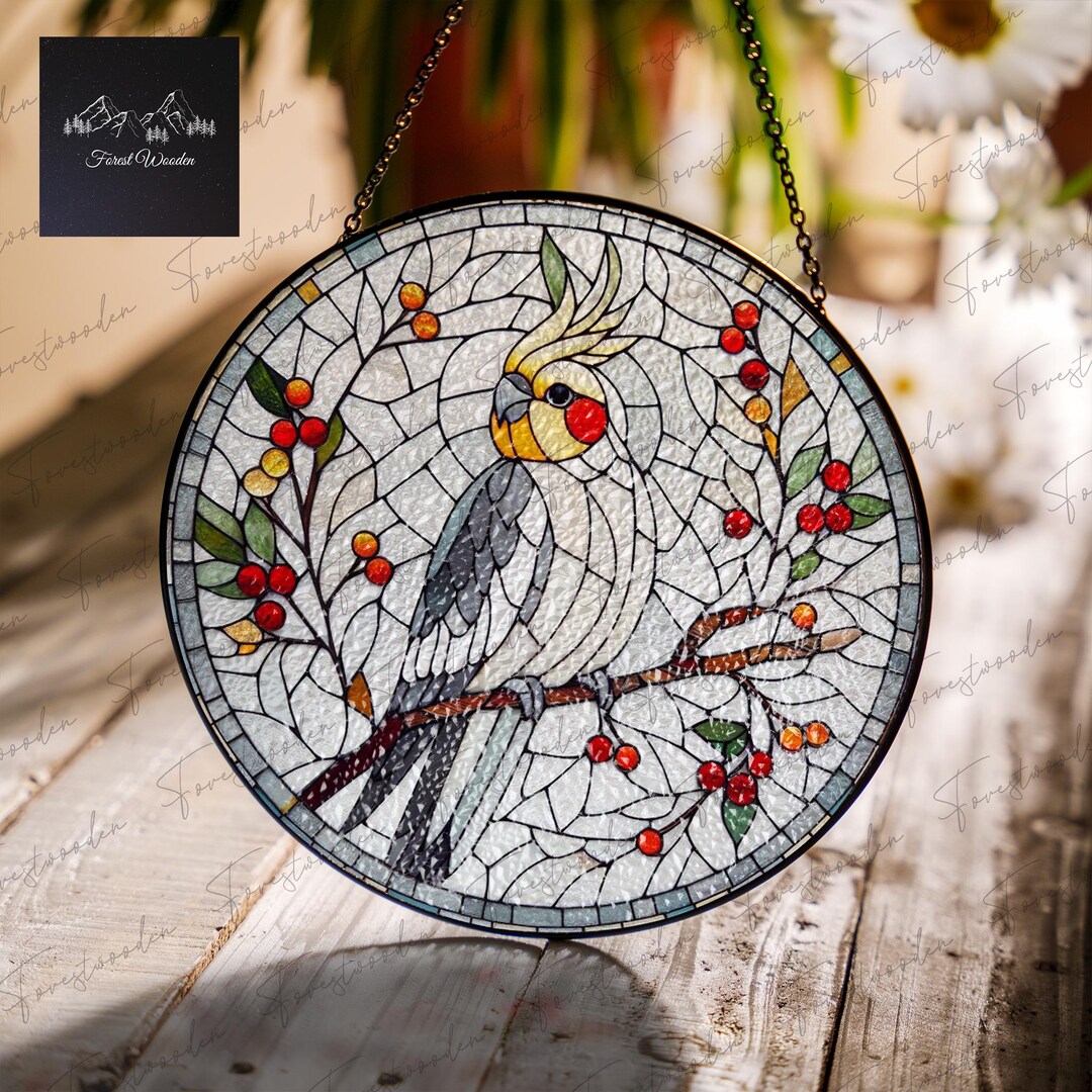 Winter Cockatiel on Branch Suncatcher Cockatiel Window Hanging Bird ...