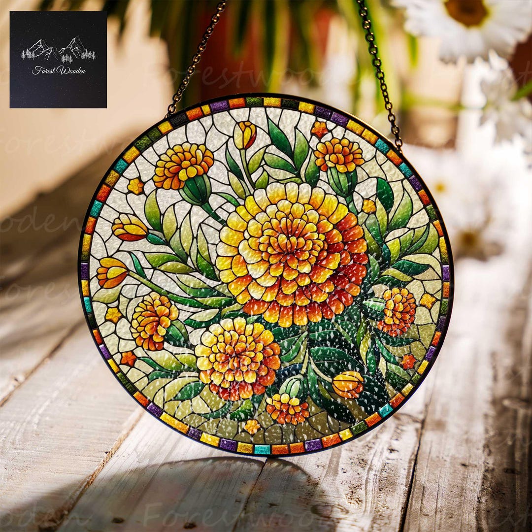 Marigold Glass Suncatcher, Birth Month Flower, Marigold Suncatcher ...