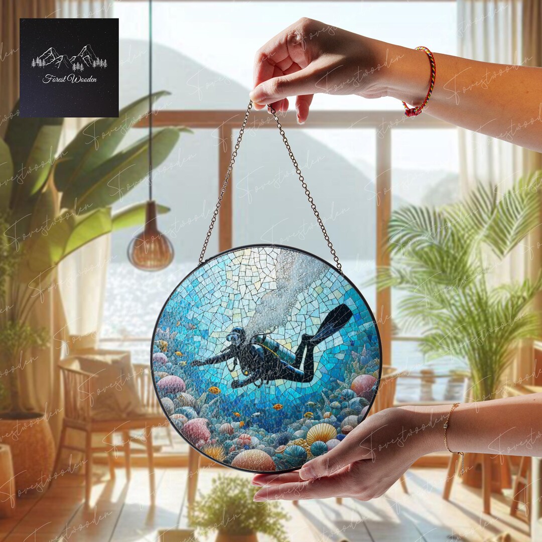 Scuba Diving Glass Suncatcher, Scuba Diver Gifts Window Hanging, Home ...