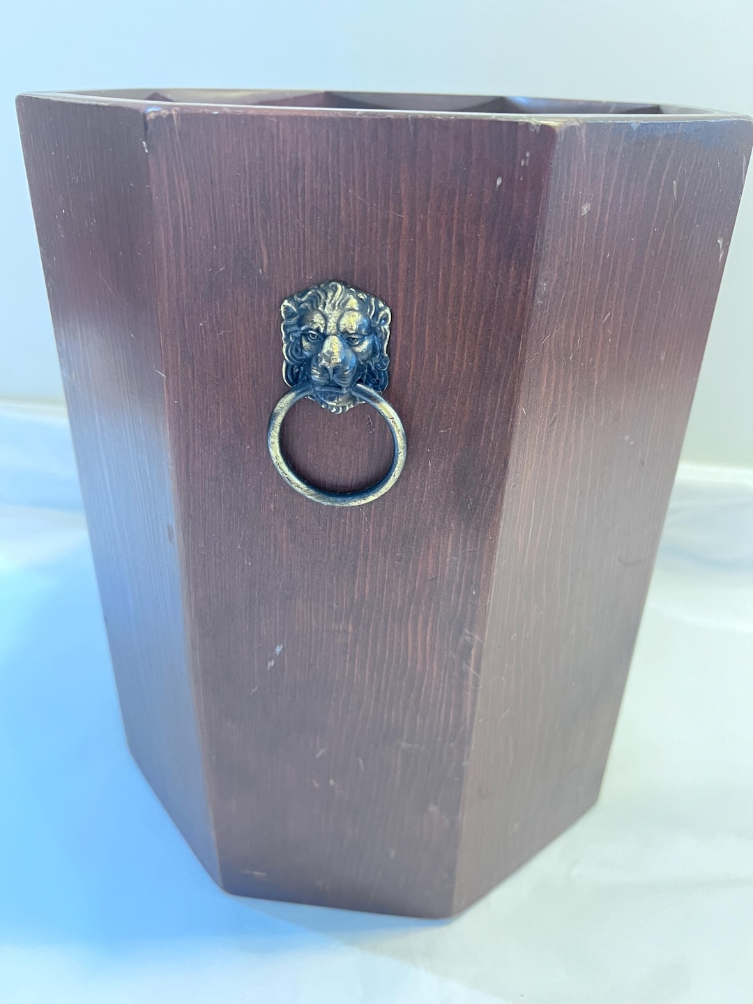 Vintage Wooden Octagon Brass Lion Ring Handles Waste Basket Umbrella ...