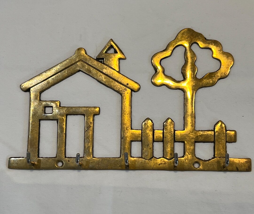 Vintage Brass Wall Mounted 5 Hook Key Holder Rack House Tree Fence ...