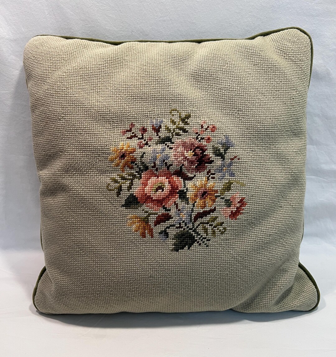 Vintage Handmade Floral Needlepoint Wool Throw Pillow With Green Pipe ...