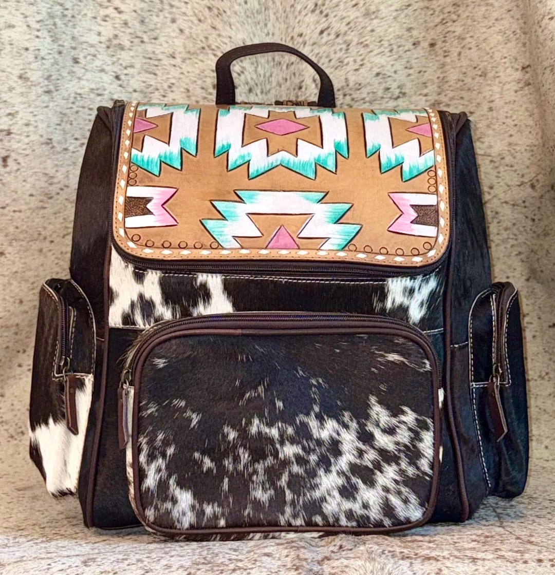 Cowhide & Aztec Design Tooled Leather Backpack - Etsy