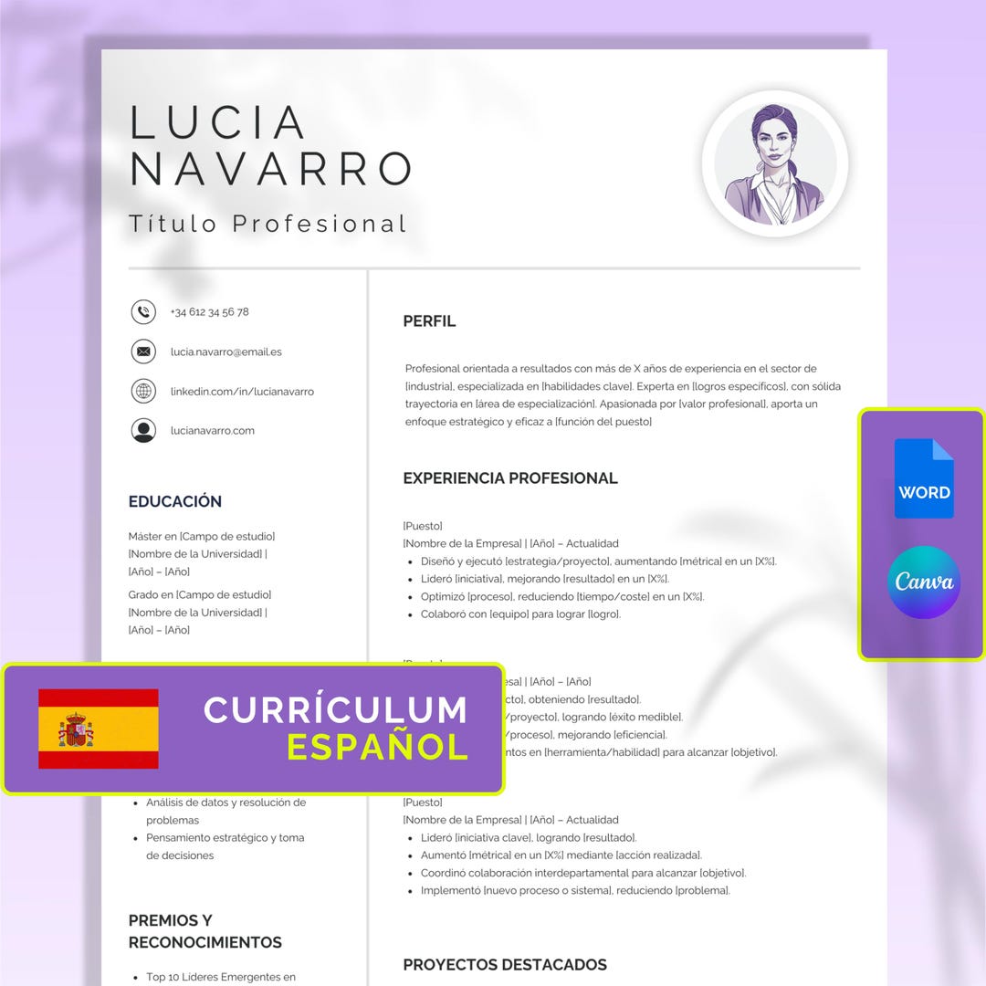 Currículum Español, Word, Canva, Carta De Presentación, Referencias ...