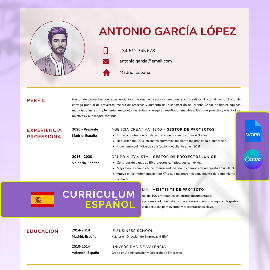 Currículum Español, Word, Canva, Carta De Presentación, Referencias ...