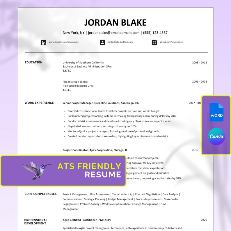 ATS Friendly Resume, Word & Canva, ATS CV Resume Template, Rush Resume ...