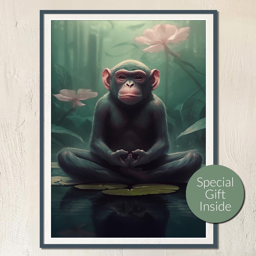 Asian Meditating Poster Yoga Room Decor Whimsical Monkey Zen Wall Art ...