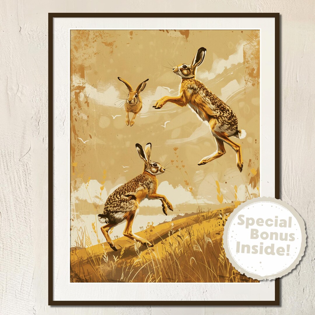 Vintage Spring Hares Poster Easter Bunny Wall Art Rustic Wildlife Print ...