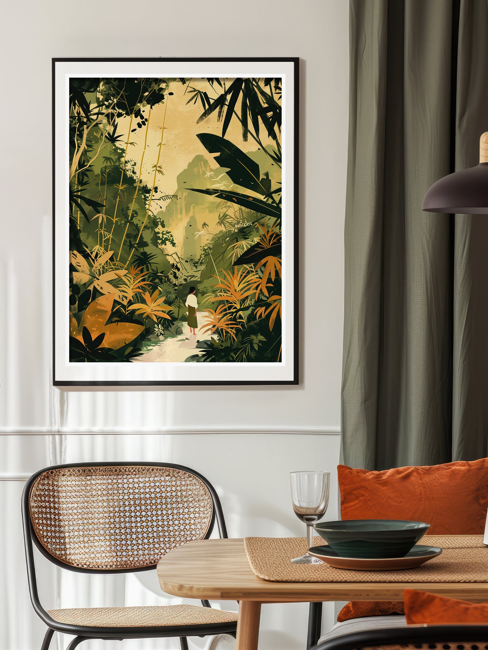 Japanese Forest Retro Poster, Woman on Botanical Path Wall Art, Japan ...