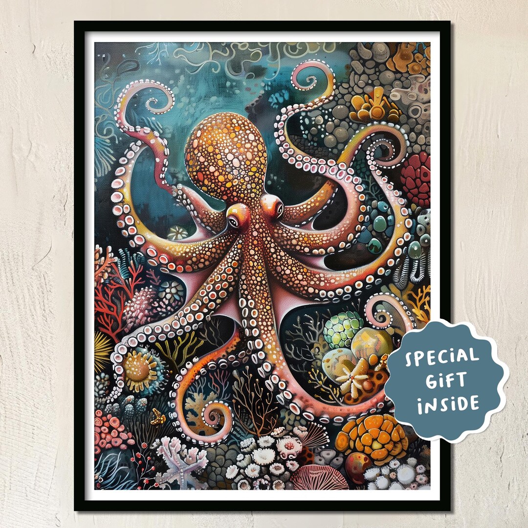 Colorful Boho Octopus Wall Art Great Barrier Reef Poster Sea Coastal ...