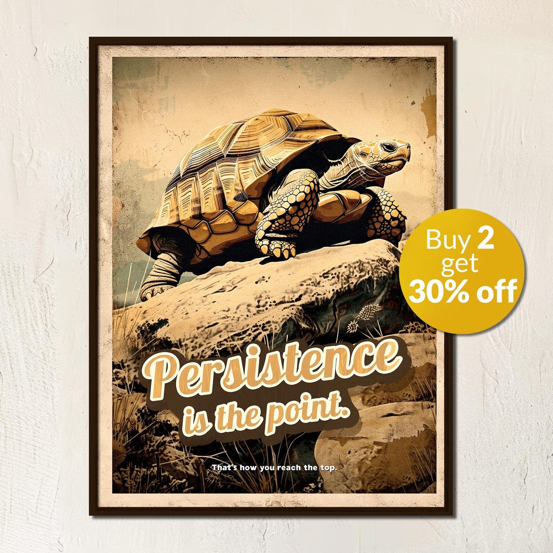 Retro Motivational Turtle Poster Persistence Quote Wall Art for Focus ...
