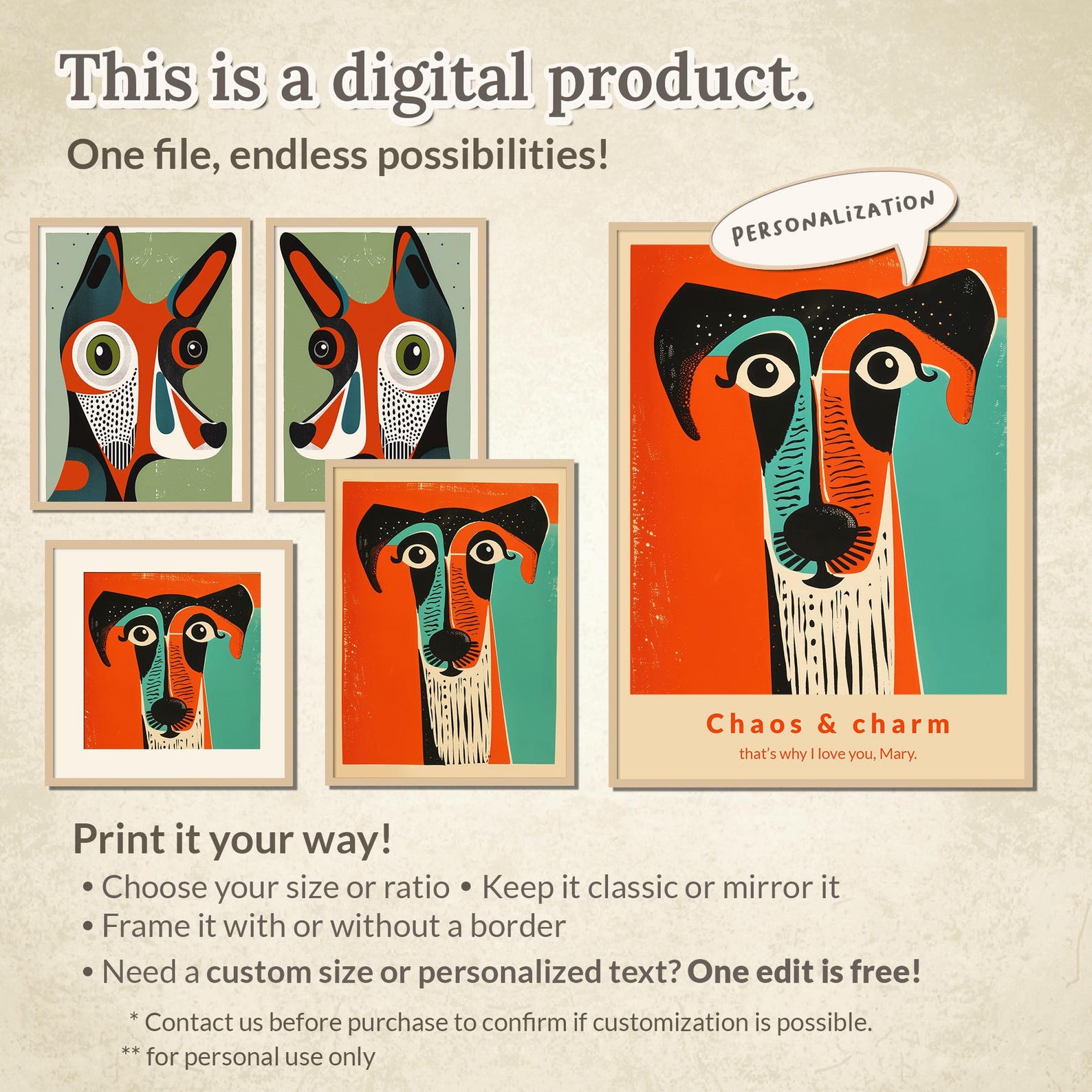 Funny Dog Poster Mid Century Modern Colorful Pet Wall Art Retro Animal ...