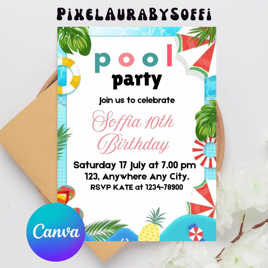 Editable Pool Party Invitation, Girl Pool Birthday Party, Pastel Invite ...