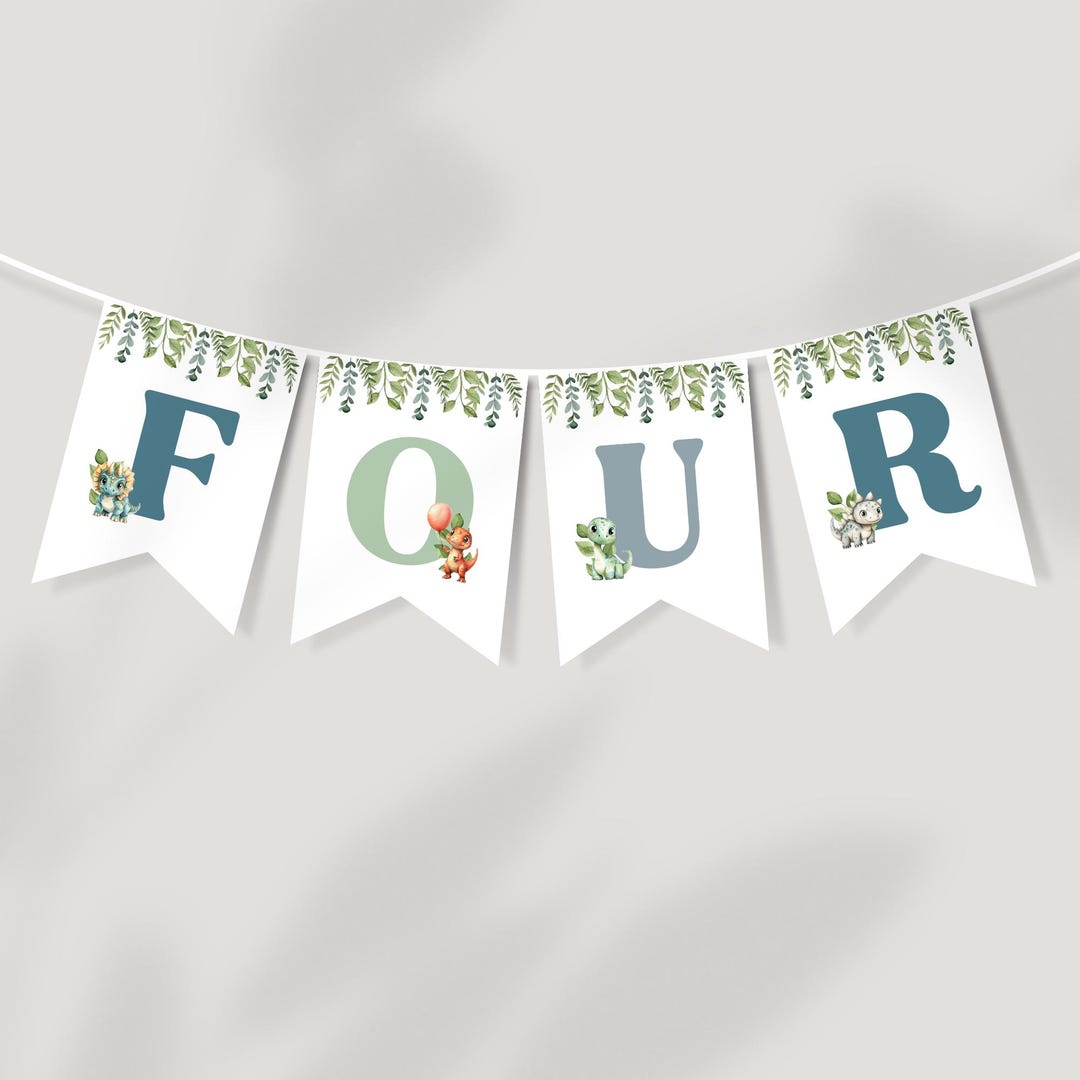 Editable Dinosaur 4th Birthday Bunting, Dinosaur Birthday Banner, Dino ...